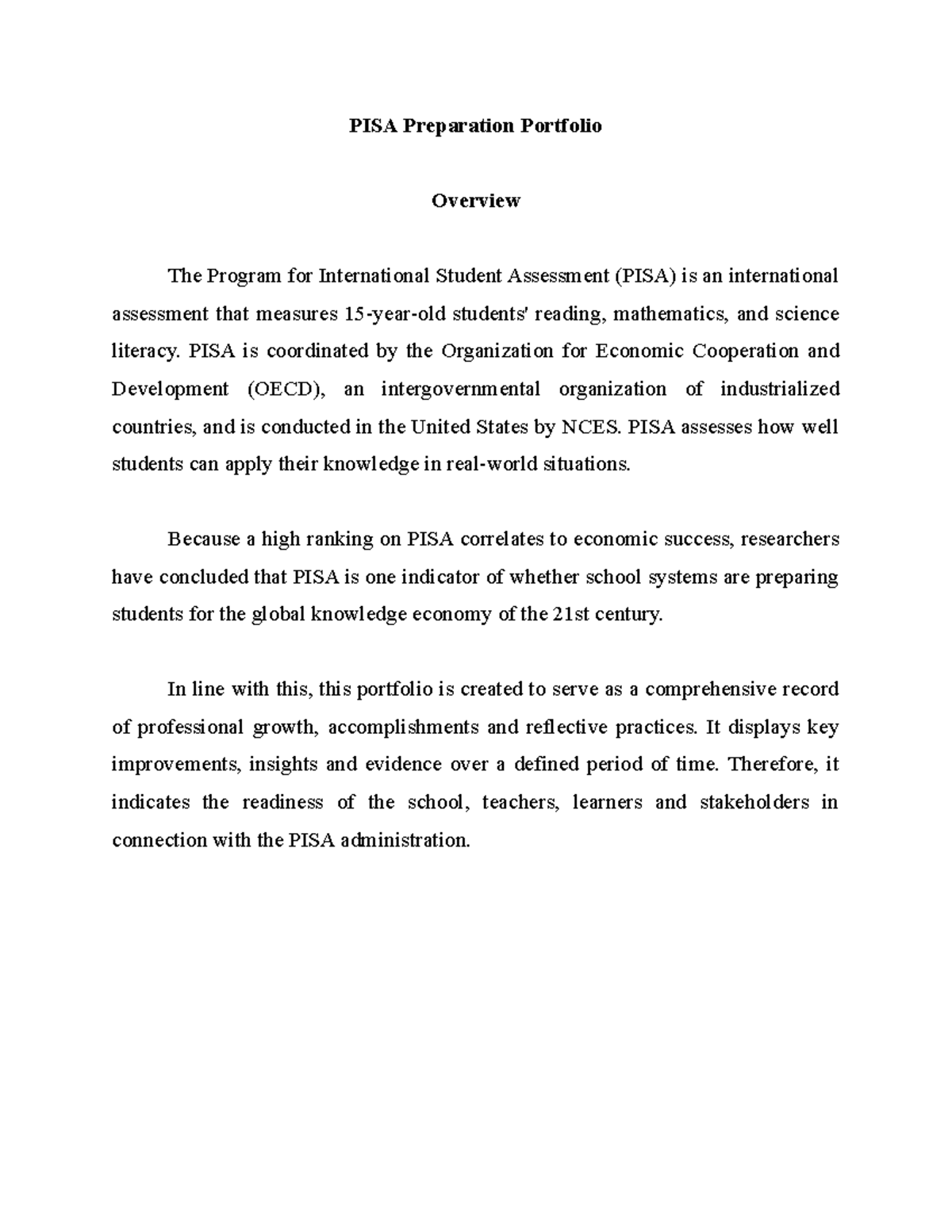 PISA Preparation Portfolio: Assessing Readiness for Global Success ...