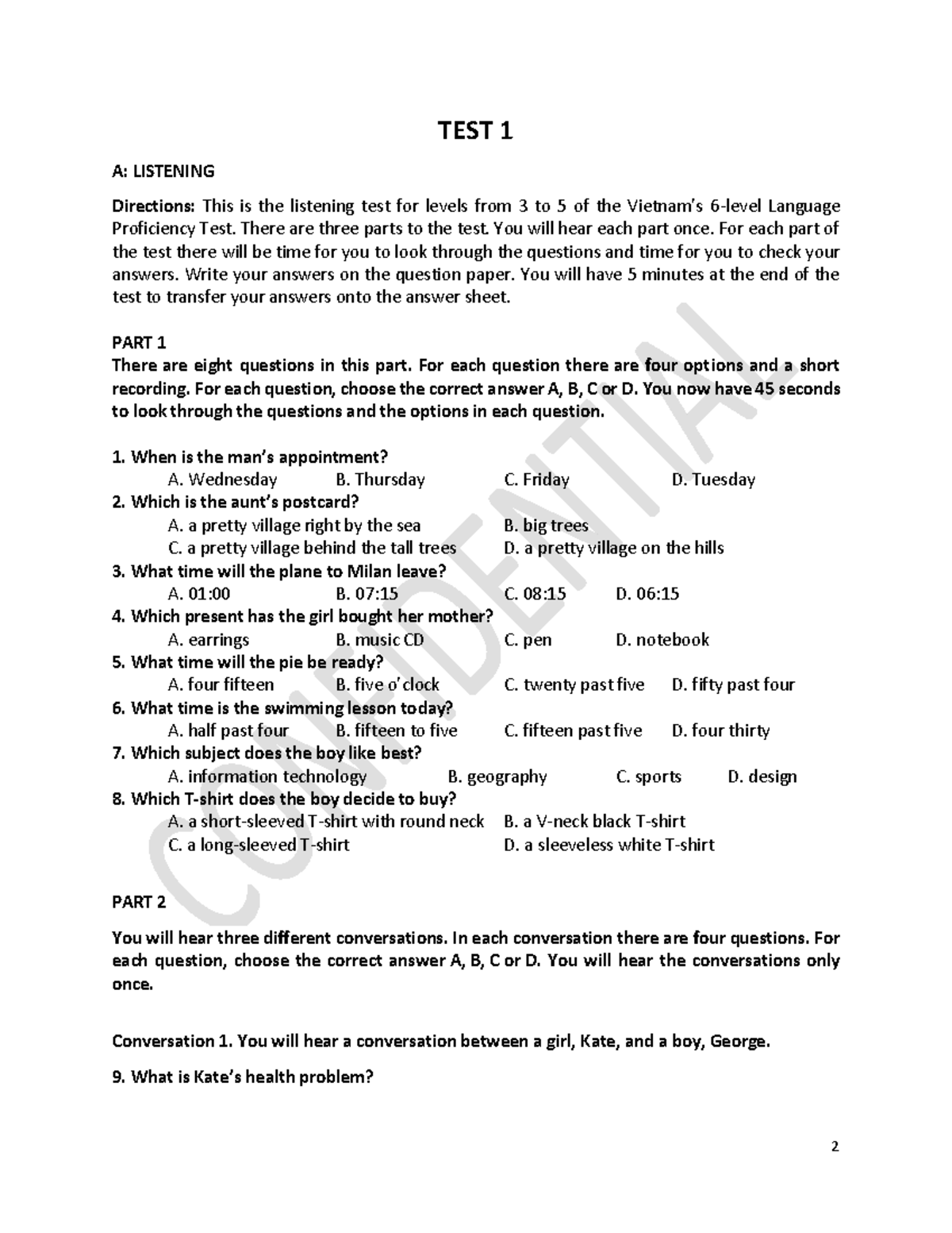 TEST 1 A: LISTENING & READING COMPREHENSION (Levels 3-5) - Studocu