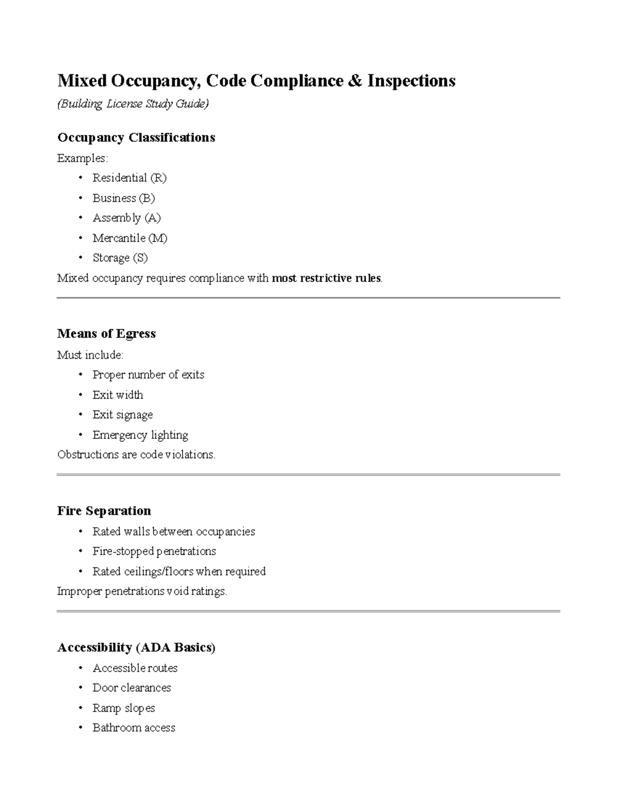 Mixed Occupancy Code Compliance & Inspections Study Guide - Studocu