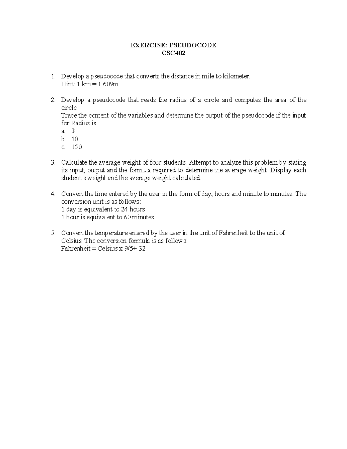 Exercise 1: Pseudocode Solutions for CSC402 - Studocu