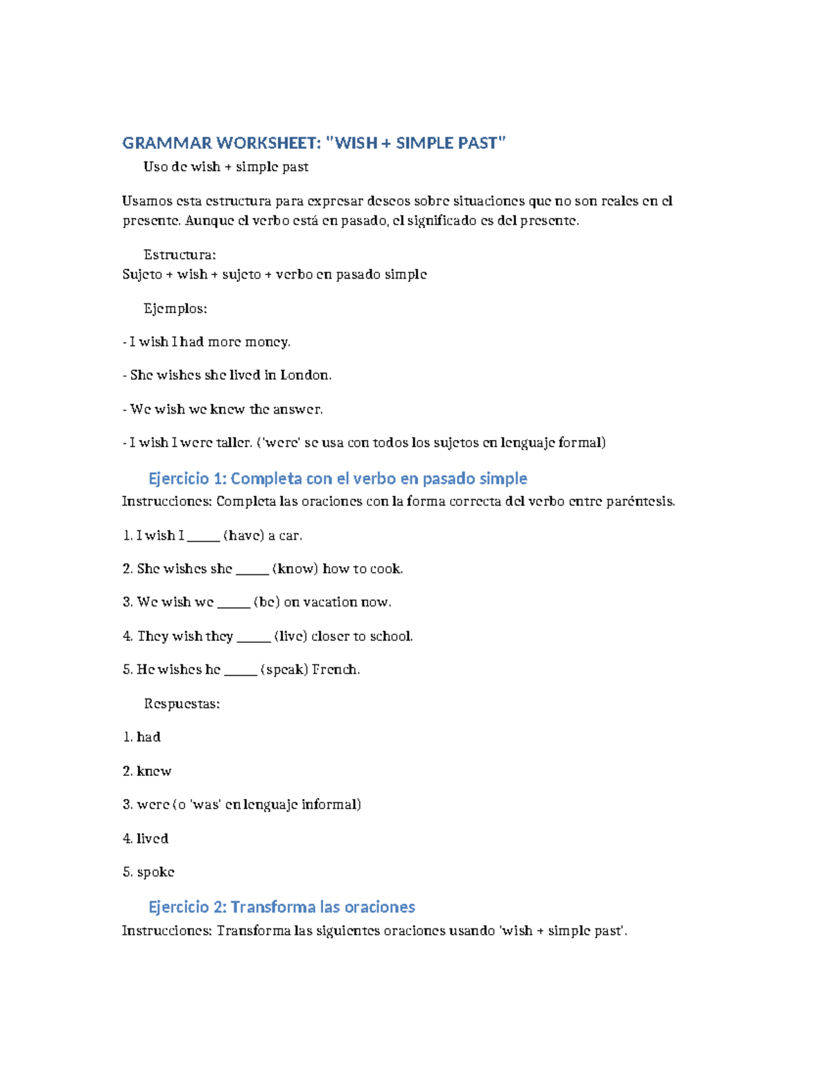 GRAMMAR WORKSHEET: WISH + SIMPLE PAST (ESL) - Studocu