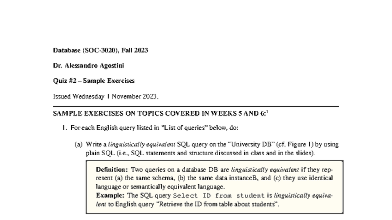 Quiz 2 Sample Exercises for Database Fall 2023 (Dr. Agostini) - Studocu