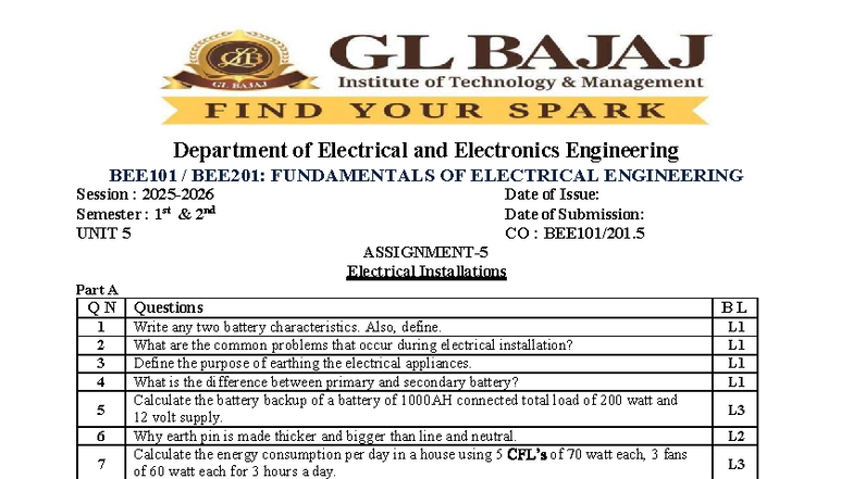 EE BEE101 BEE201: Assignment on Electrical Engineering Units 5 & 2 - Studocu