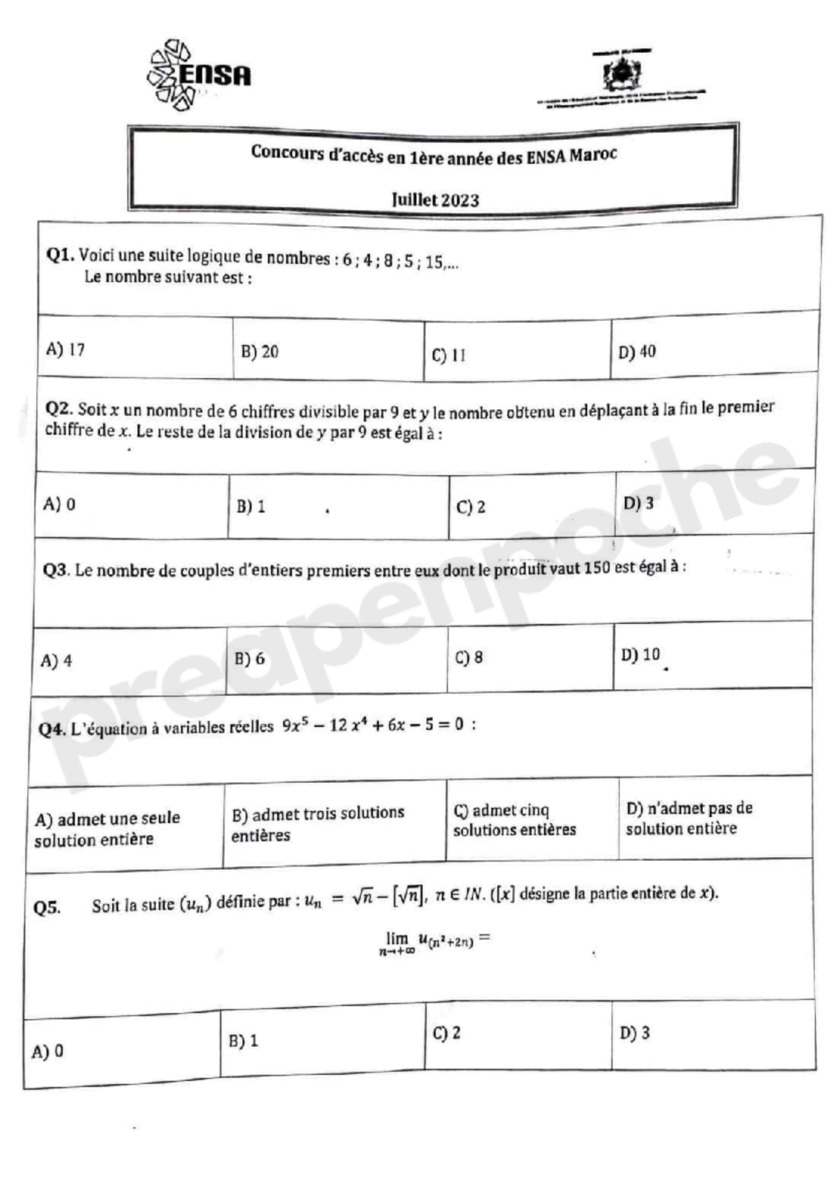 Exemple Concours Math ENSA 2023 - Questions et Solutions - Studocu