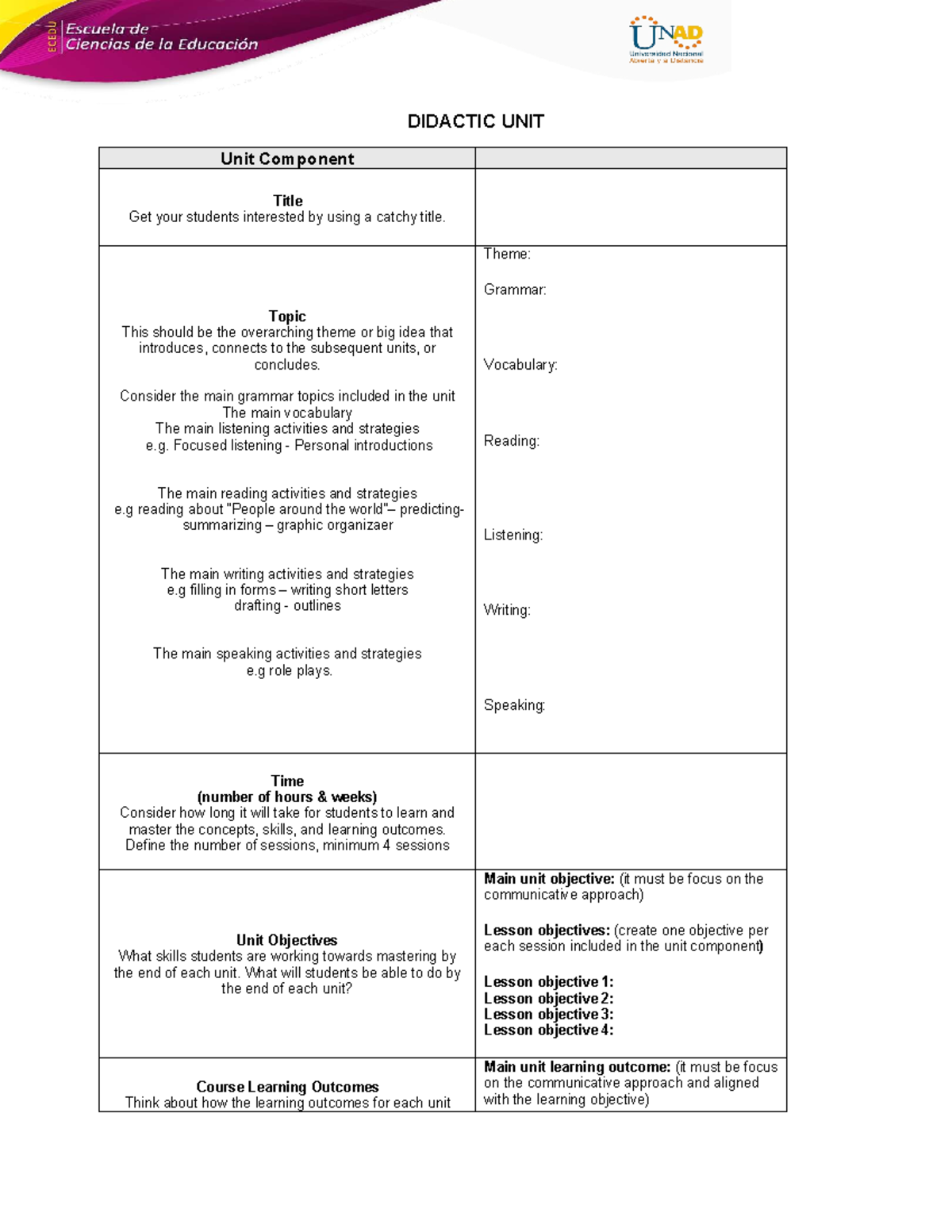 Anexo 2. Format - Didactic Unit - DIDACTIC UNIT Unit Component Title ...