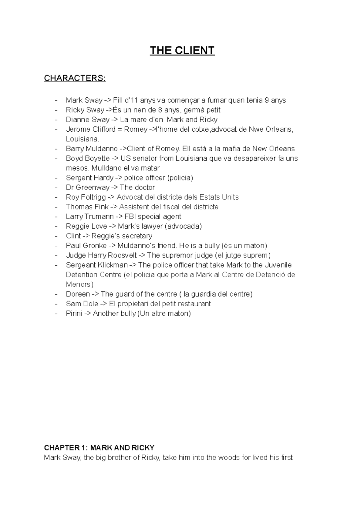 THE CLIENT - Summary of Key Characters and Chapters Overview - Studocu