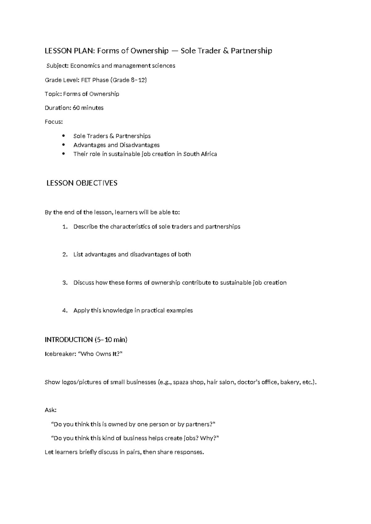 Lesson Plan: Forms of Ownership - Sole Trader & Partnership (EMS GR 8 ...