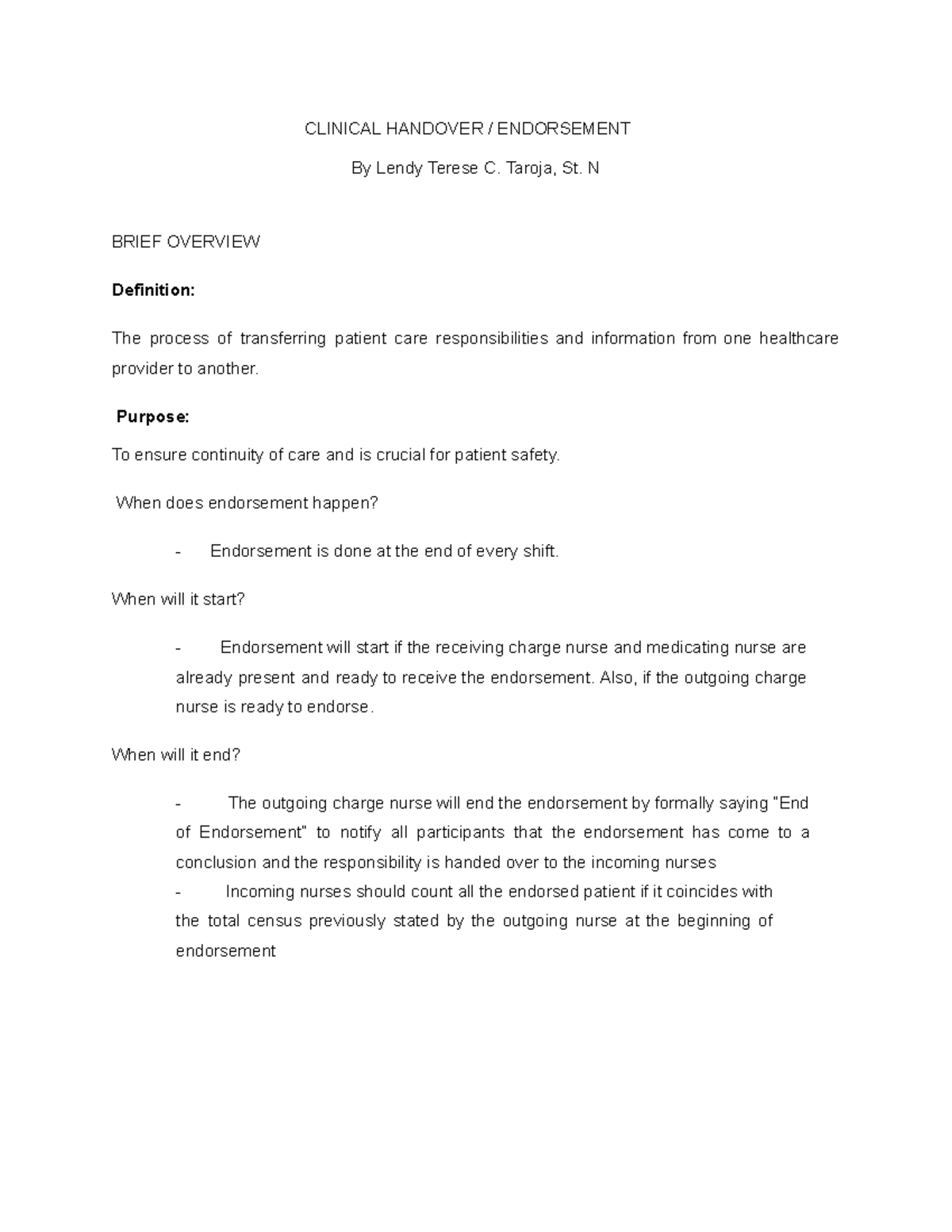 Clinical Handover/Endorsement Lecturette Essentials - Studocu