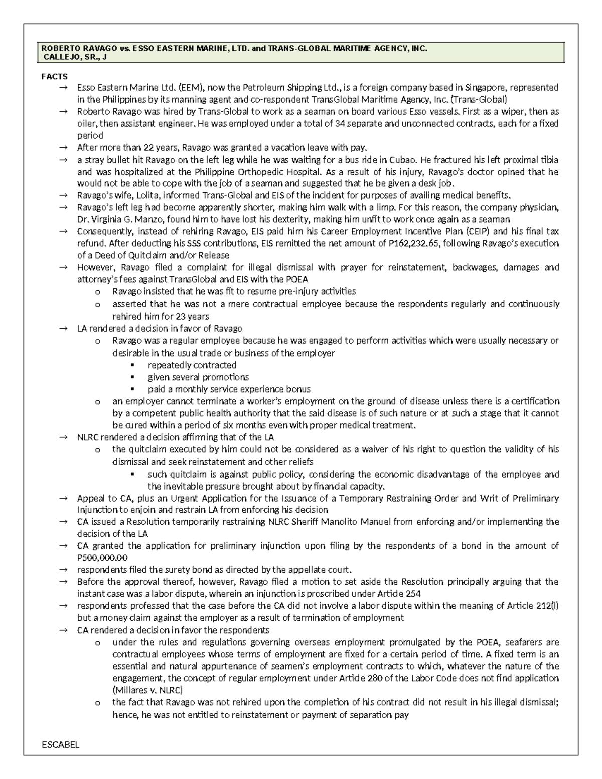 Ravago v. Esso Eastern Marine: Case Study on Employment Rights and ...