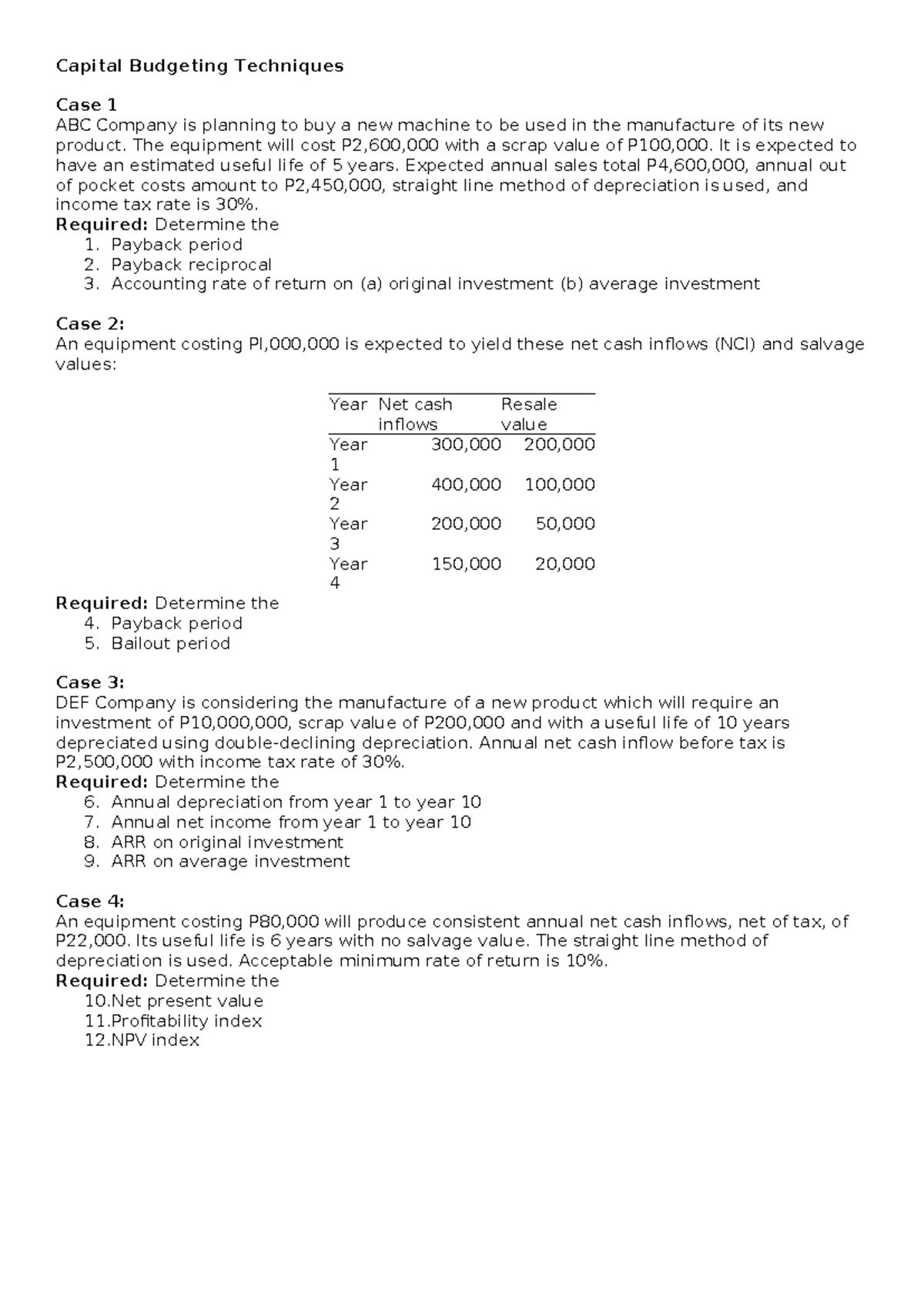 Capital Budgeting Techniques: Sample Cases for Analysis - Studocu