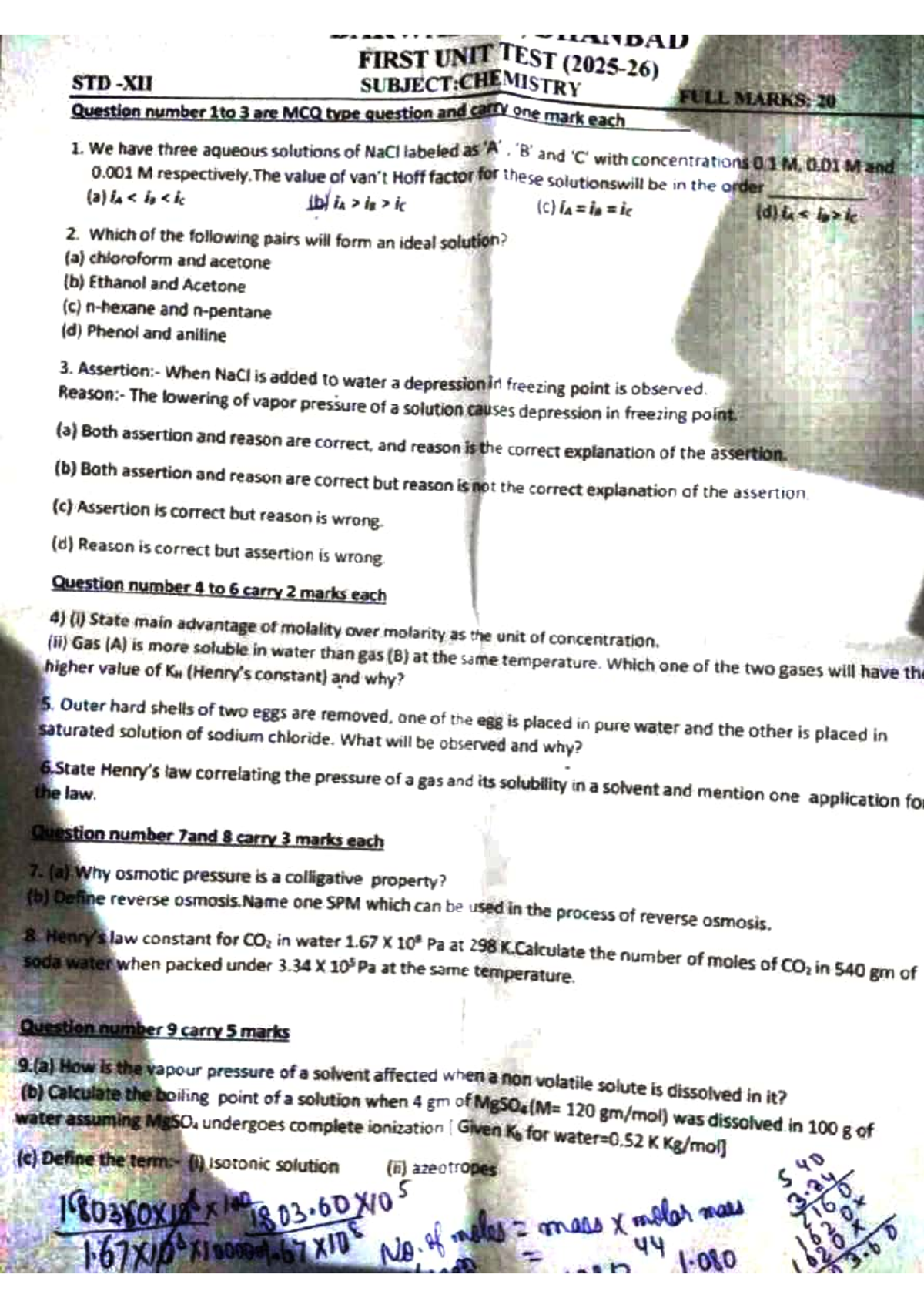 ANDAD CHEMISTRY UNIT TEST NOTES - FULL MARKS: 20 - Studocu