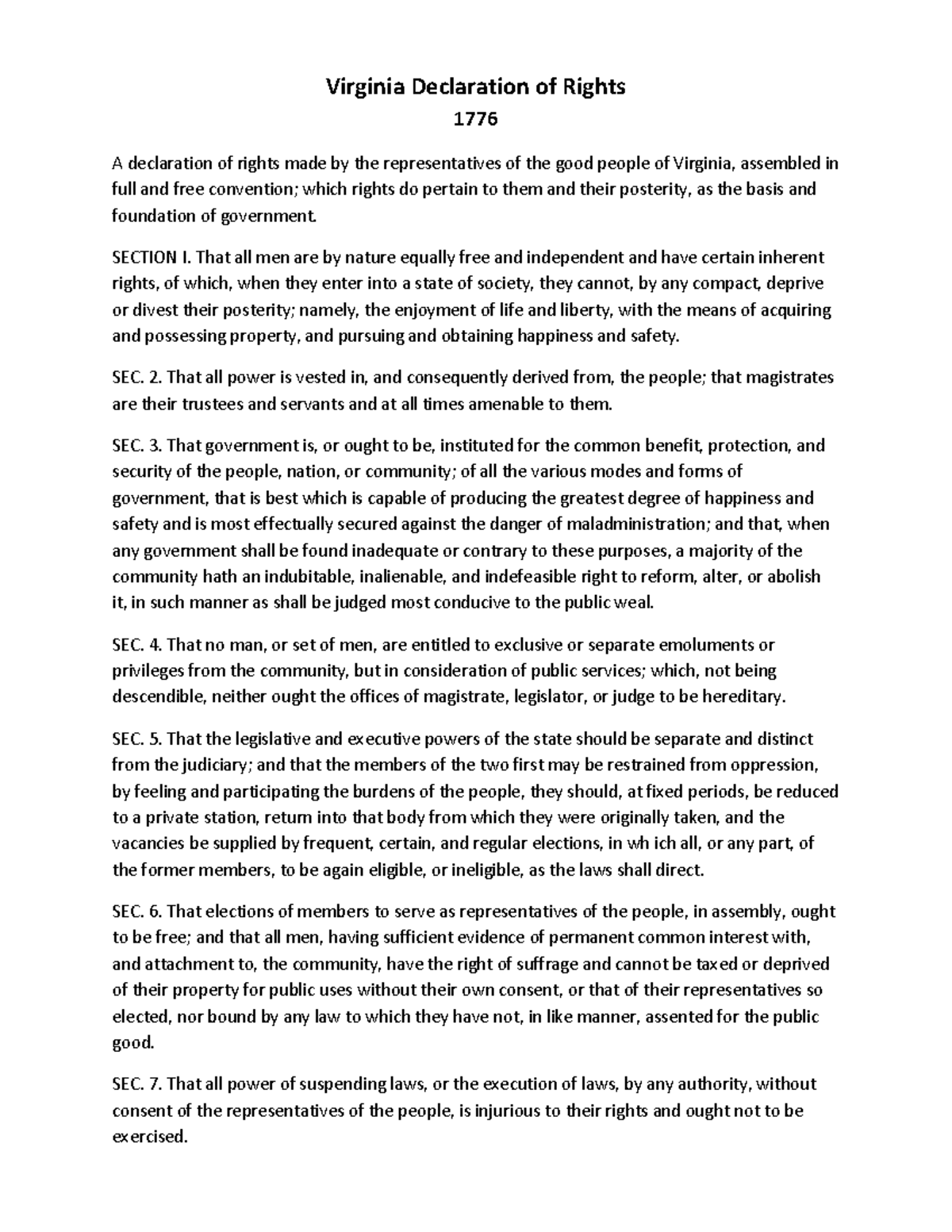 Virginia Declaration of Rights - Virginia Declaration of Rights 1776 A ...