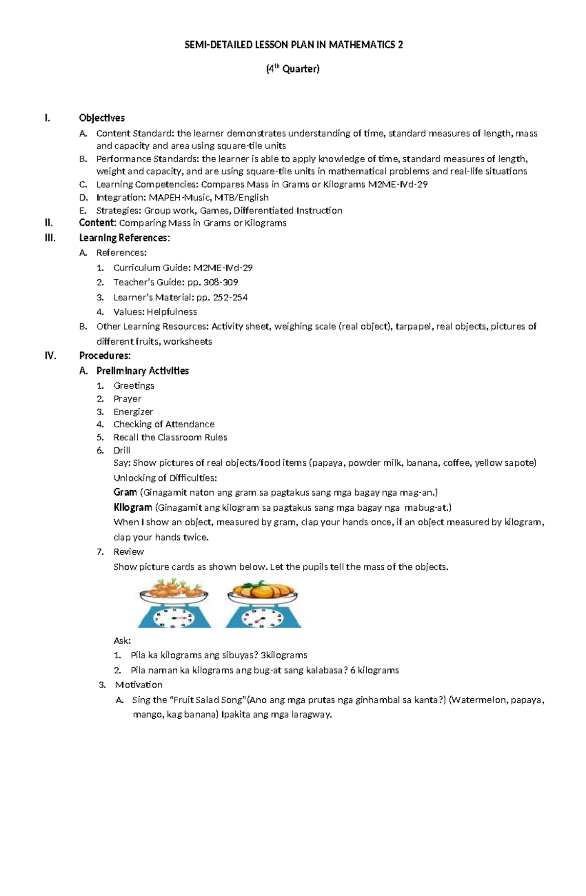 Mathematics 2 Lesson Plan: Comparing Mass in Grams & Kilograms - Studocu