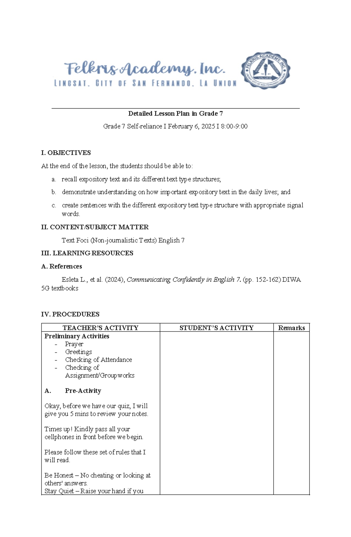 Grade 7 DLP Quiz: Understanding Expository Text Structures - Studocu