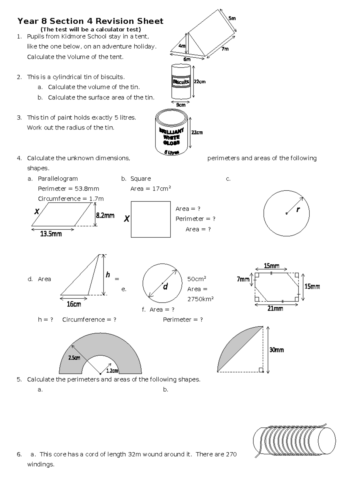 Year 8 Maths Section 4 Revision Sheet: Volume & Area Calculations - Studocu