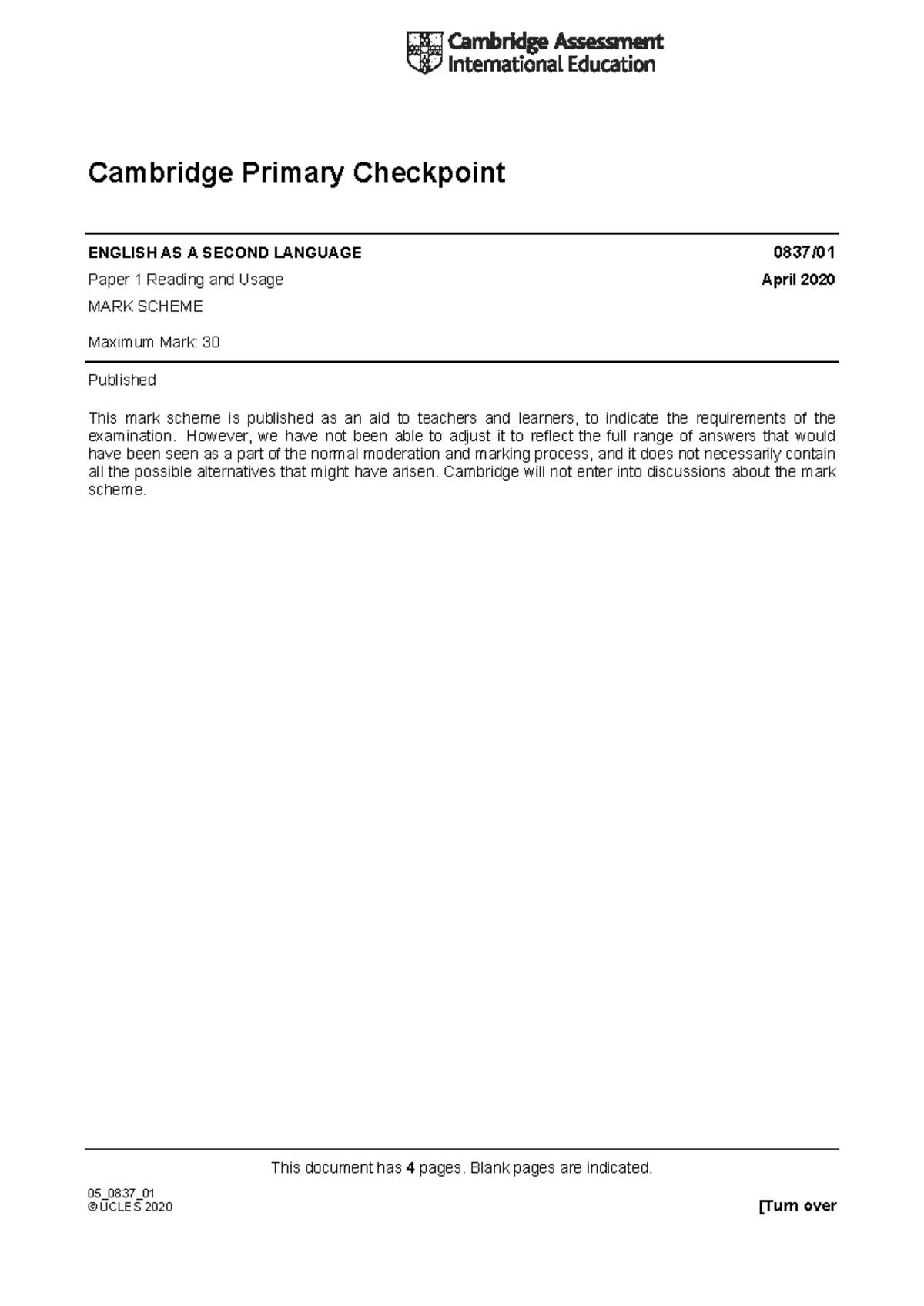 Cambridge Primary Checkpoint - ESL (0837) April 2020 Paper 1 Mark ...