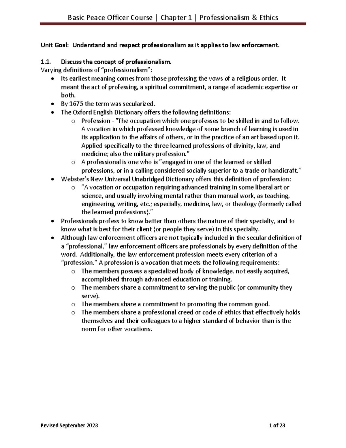 Basic Peace Officer Course: Chapter 1 - Professionalism & Ethics ...