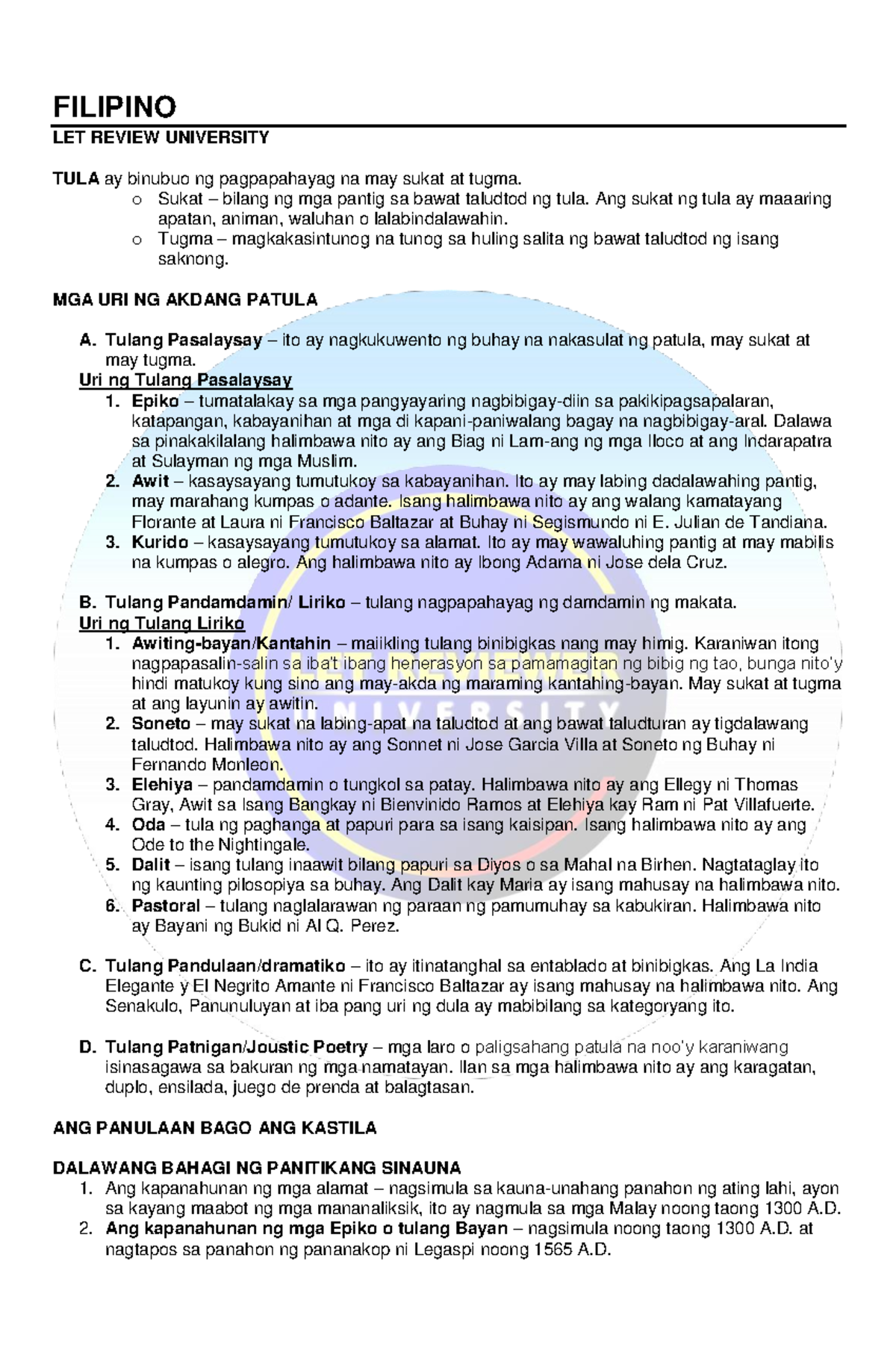 Filipino LET Review: Comprehensive Notes on Poetic Forms and History ...