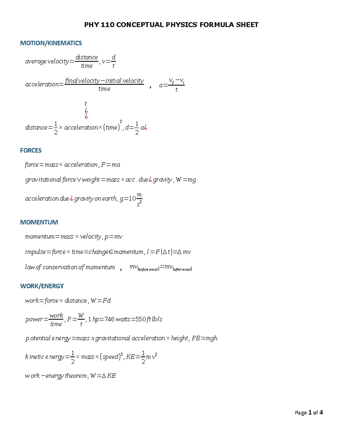 Phy110 formulasheet for smester - PHY 110 CONCEPTUAL PHYSICS FORMULA ...
