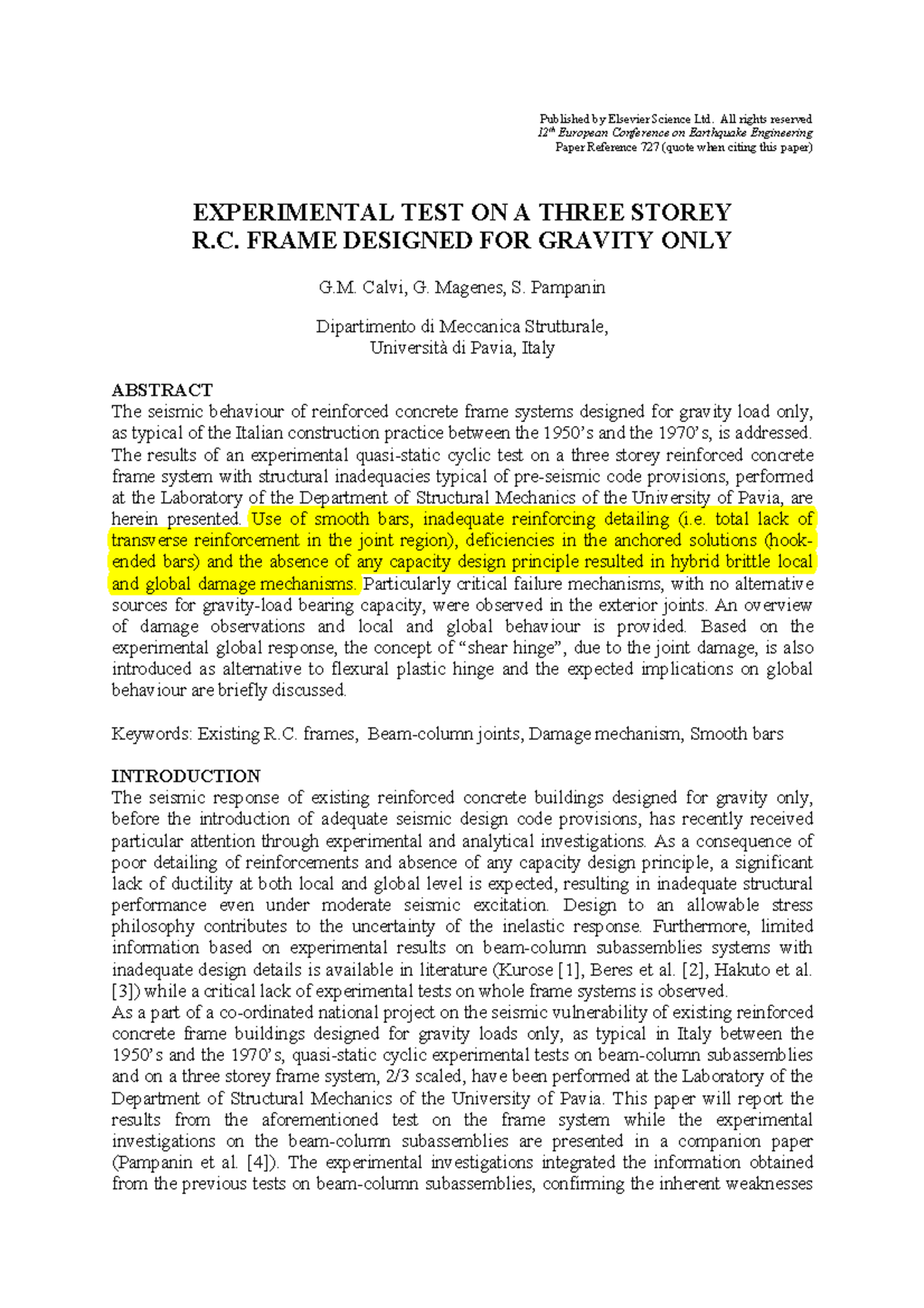 2002 ECEE Paper: Experimental Test on a 3-Storey R.C. Frame for Gravity ...