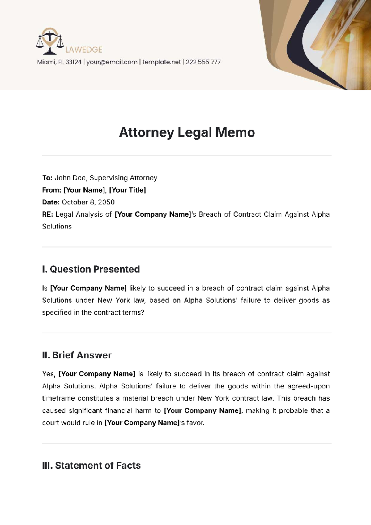 Legal Memo: Breach of Contract Claim Analysis Against Alpha Solutions ...