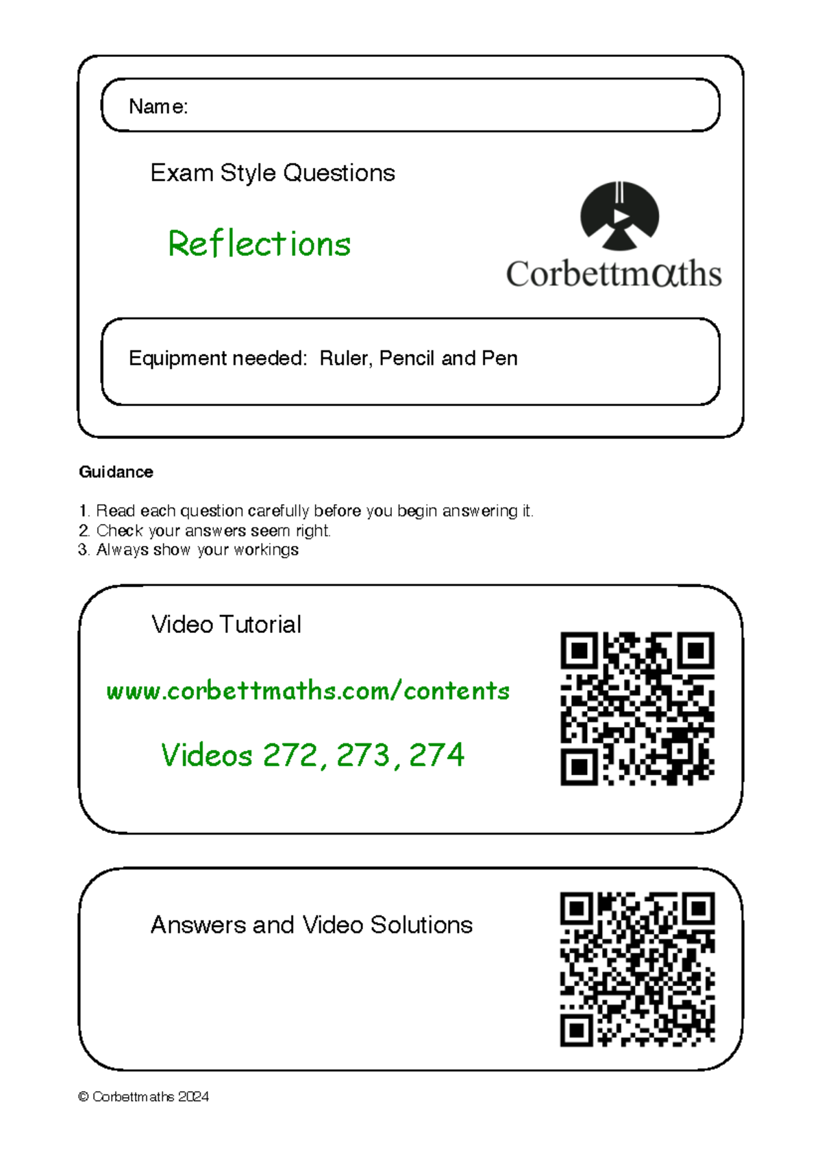 Reflections - Exam Style Questions & Guidance (Corbettmaths 2024) - Studocu