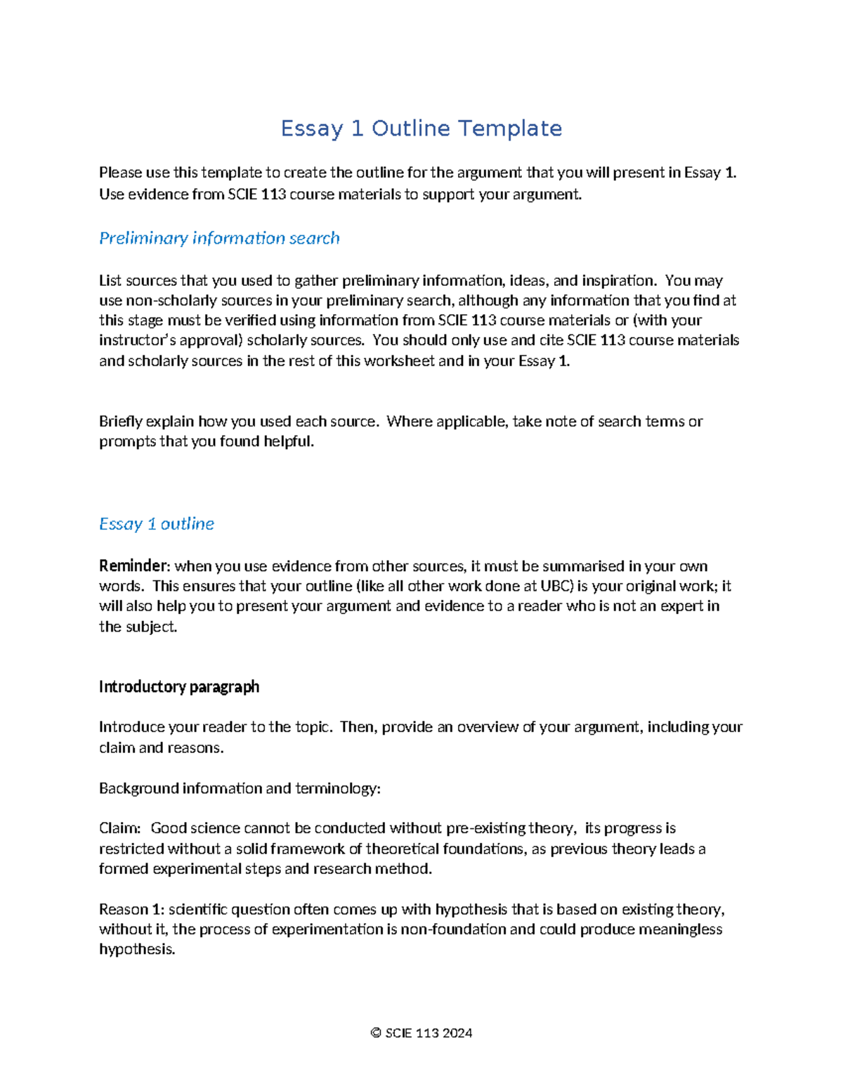 Essay 1 Outline - Essay 1 Outline Template Please use this template to ...