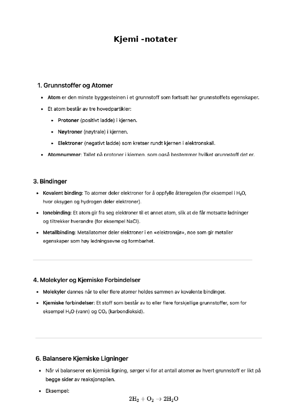 KJEMI 1: Notater om Grunnstoffer, Atomer og Kjemiske Bindinger - Studocu