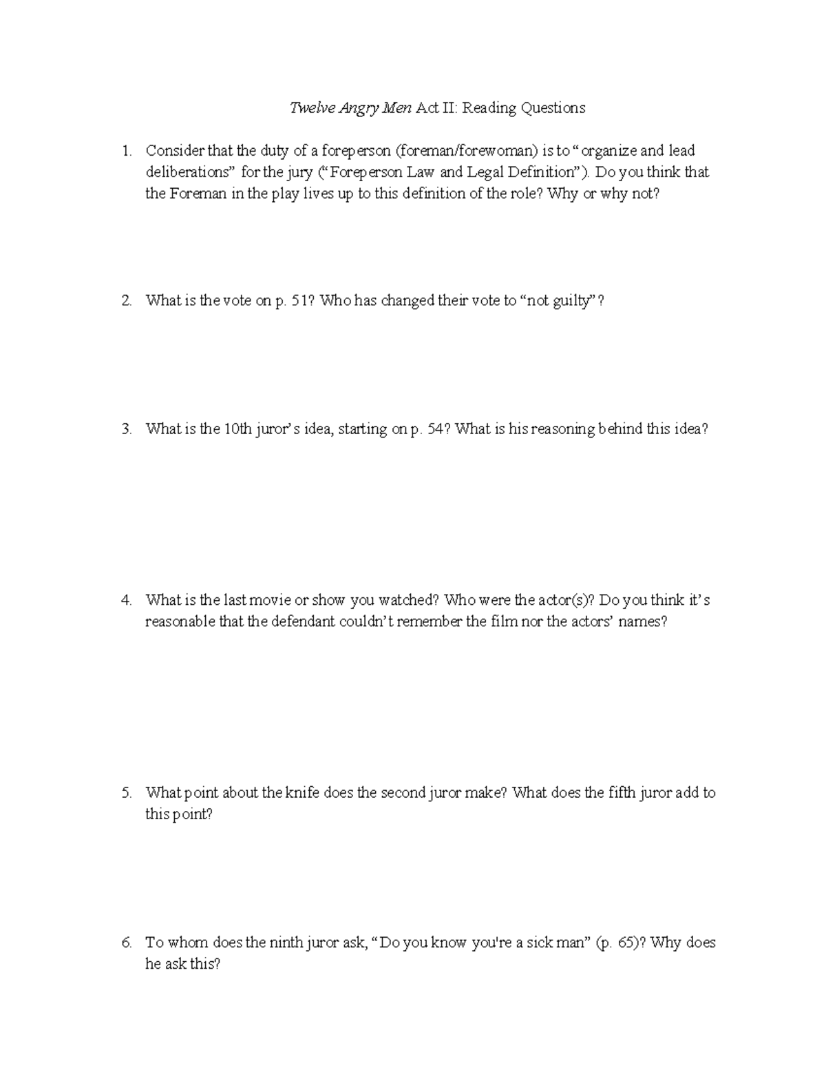 Act II Reading Questions 12 Angry Men - Twelve Angry Men Act II ...