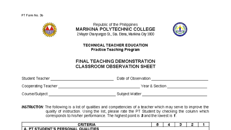 PT Form No. 3b Final Teaching Demonstration Observation Sheet - Studocu