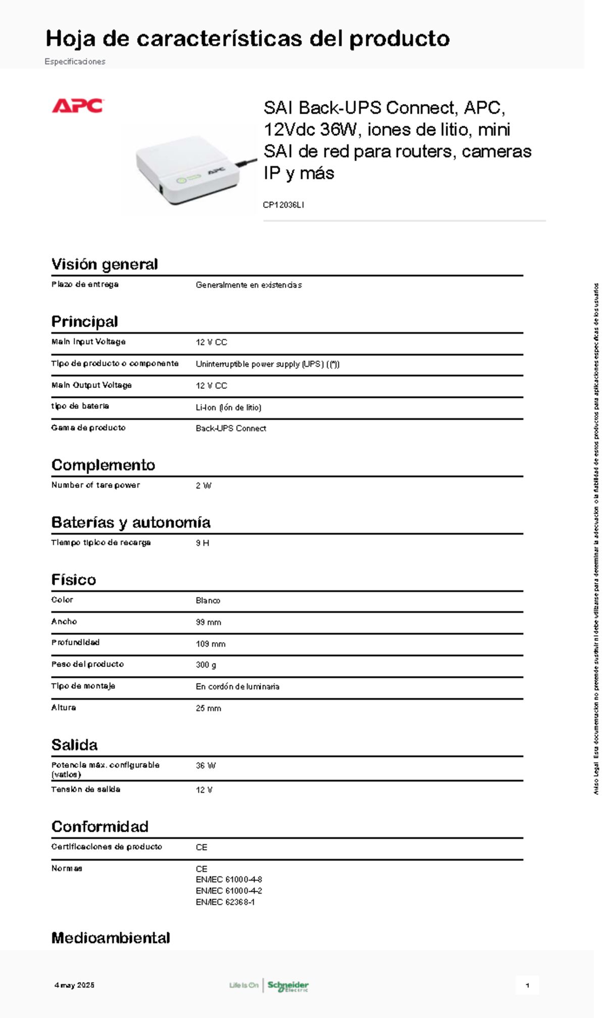 Especificaciones del SAI Connect CP12036LI de Schneider Electric - Studocu