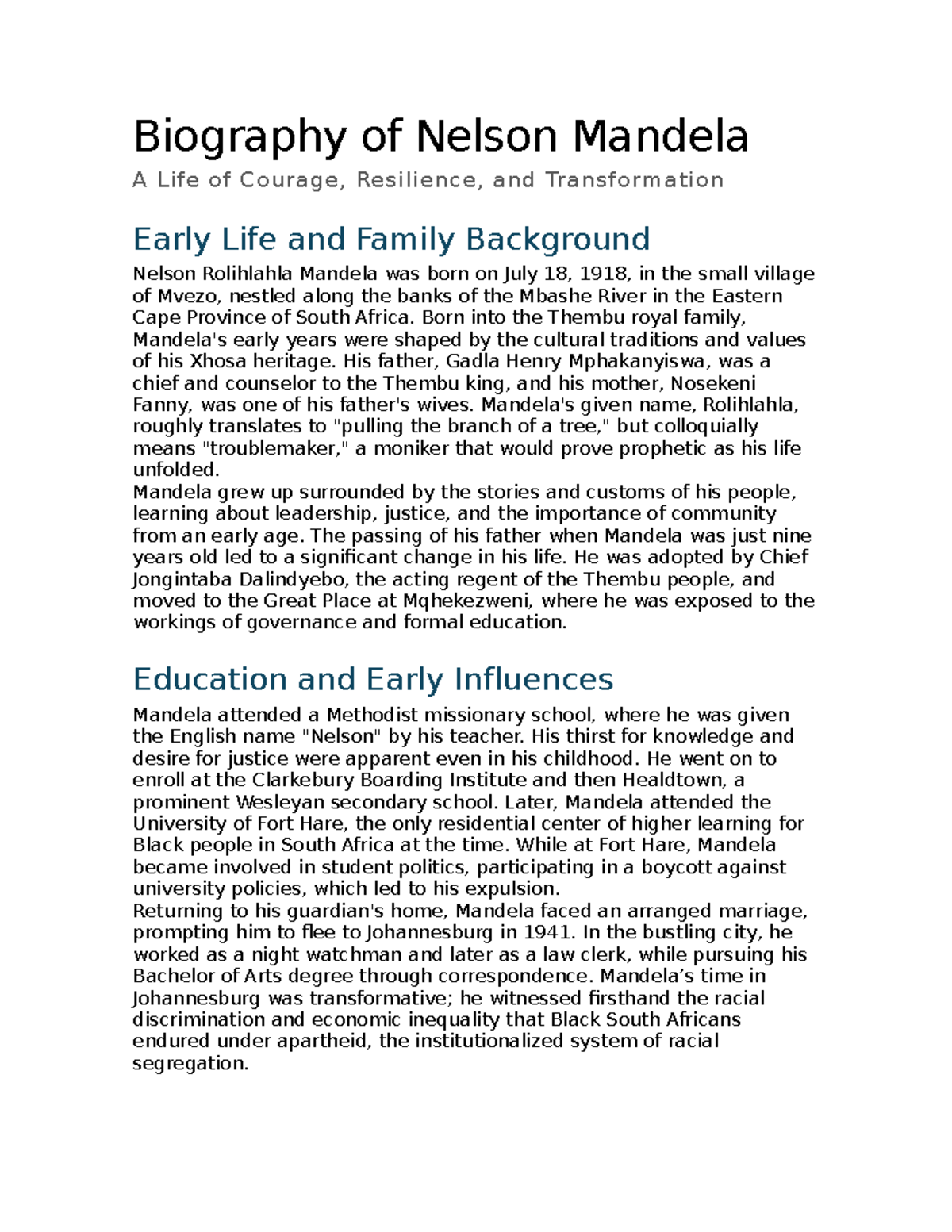 Biography of Nelson Mandela: A Journey of Courage and Resilience - Studocu