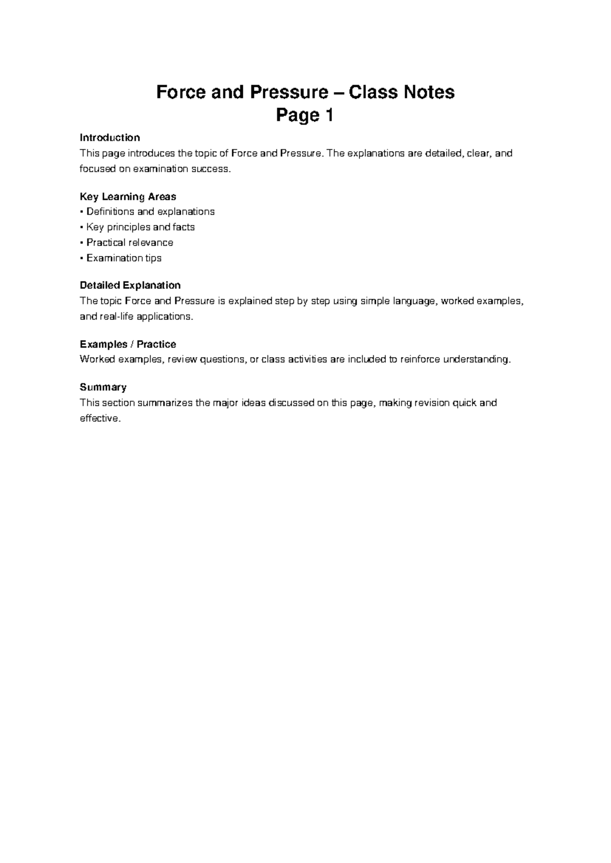 22 Force and Pressure Class Notes: Key Concepts and Exam Tips - Studocu