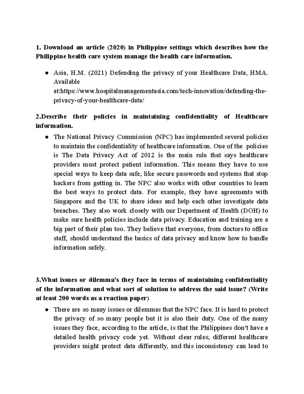 Philippine Health Care Data Privacy: Activity 3 Analysis - Studocu