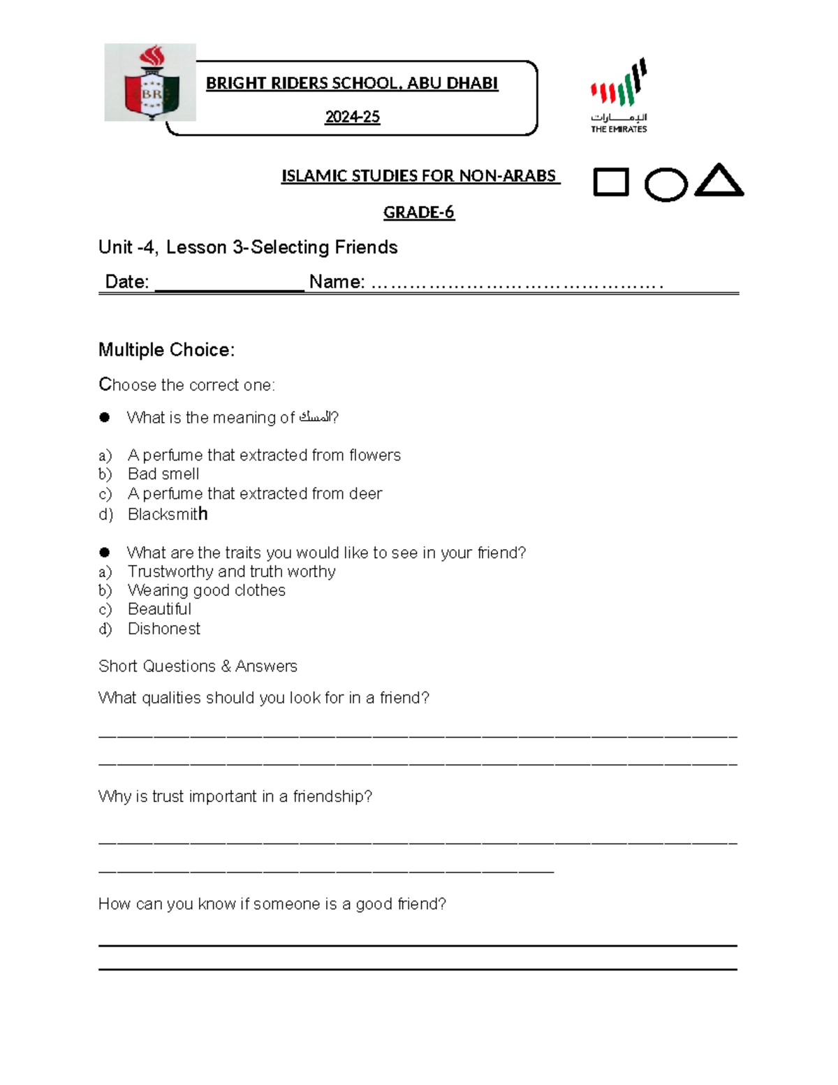 Grade 6 Islamic Studies: Unit 4, Lesson 3 - Selecting Friends Worksheet ...