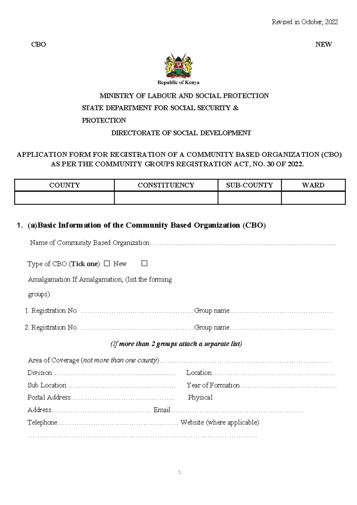 CBO Registration Form 2022: Application for Community Based ...