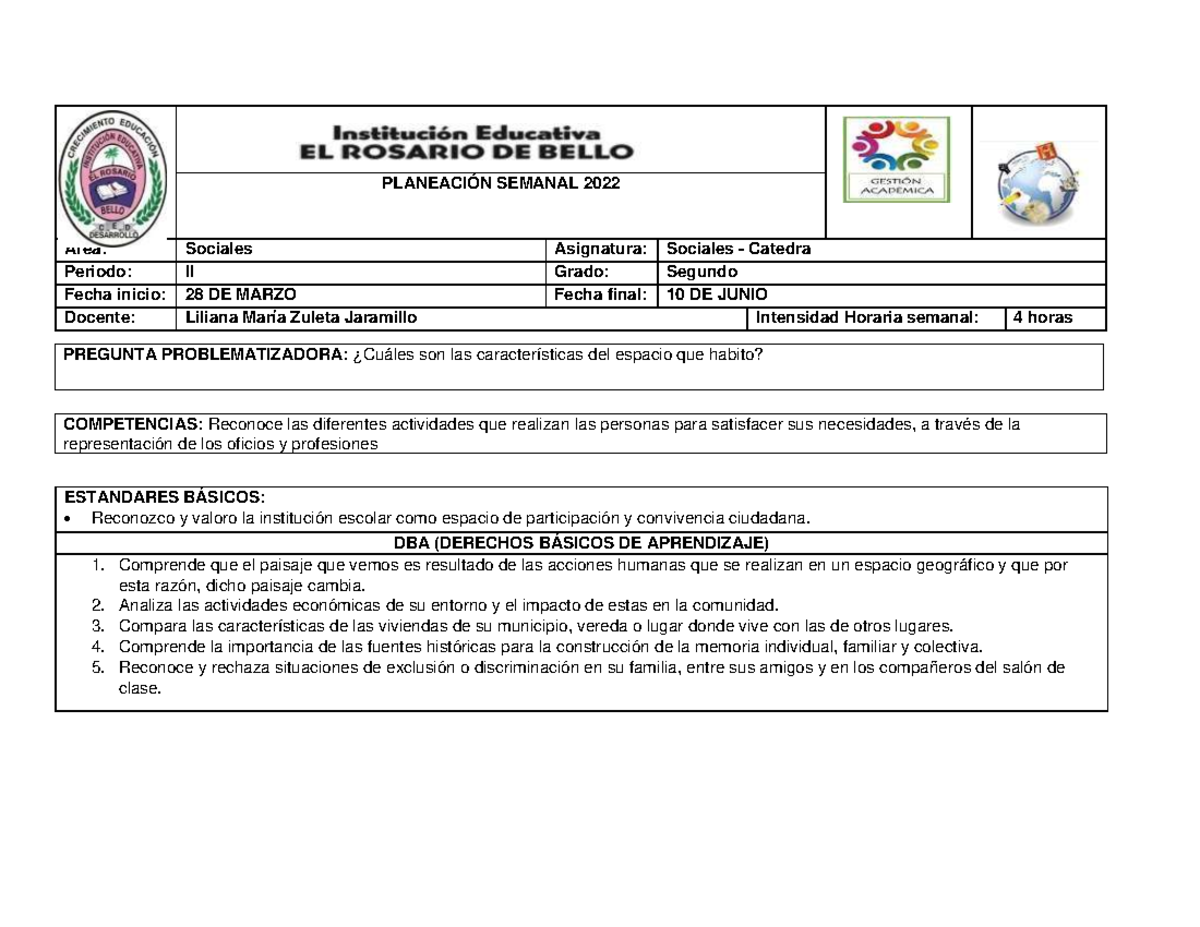 Planificación Semanal 2022 - Ciencias Sociales II 2° Grado - Studocu
