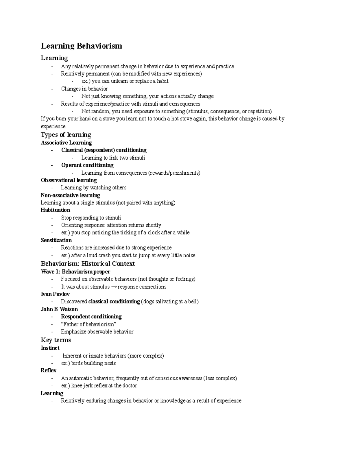 Learning Behaviorism: Key Concepts and Theories in Psychology - Studocu