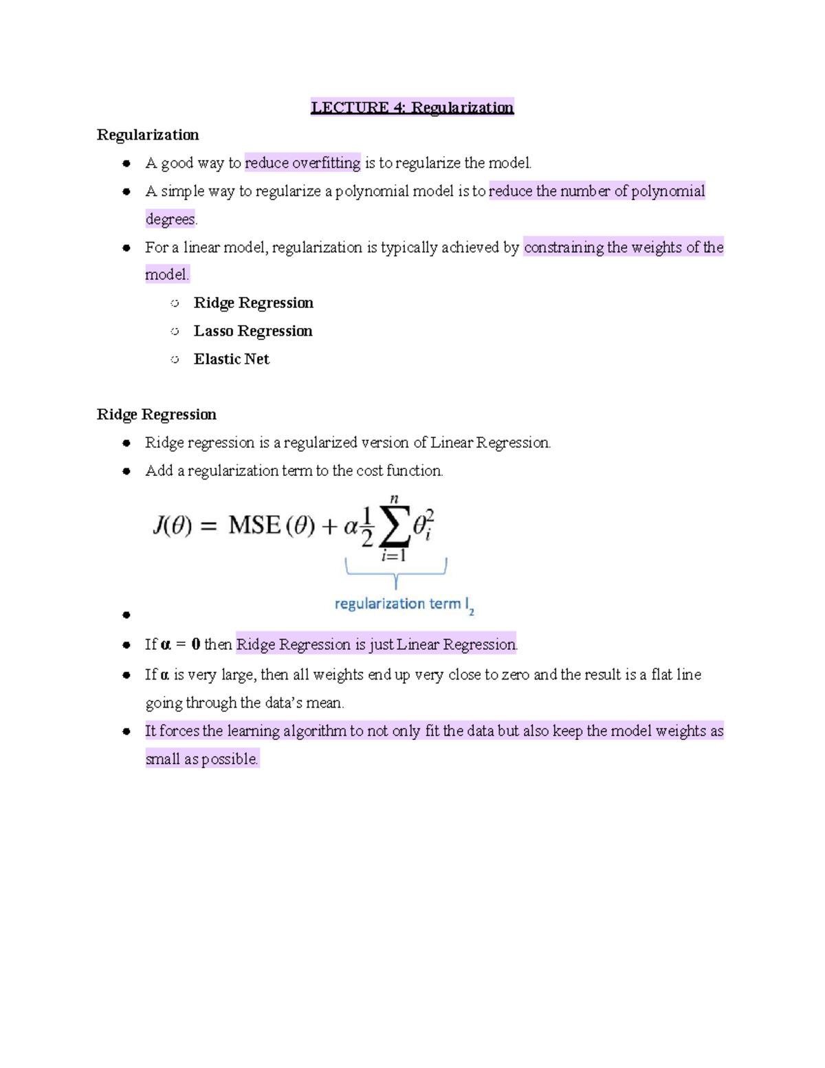LECTURE 4: Regularization Techniques in Linear Regression - Studocu