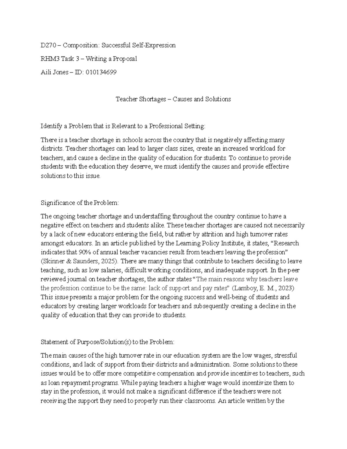 D270 Composition: Proposal on Teacher Shortages & Solutions - Studocu