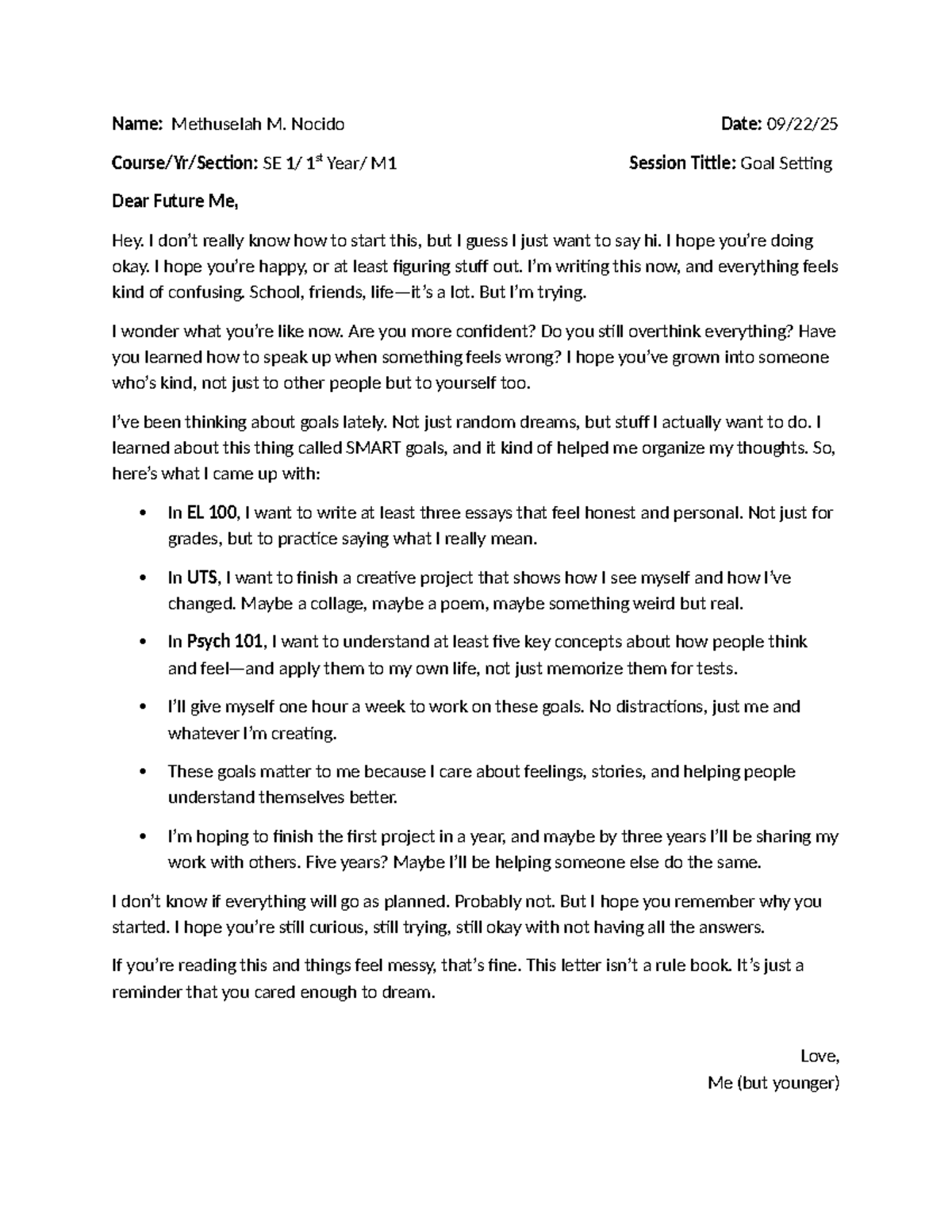 Dear Future Self: Goal Setting Reflections in EL 100 & UTS - Studocu