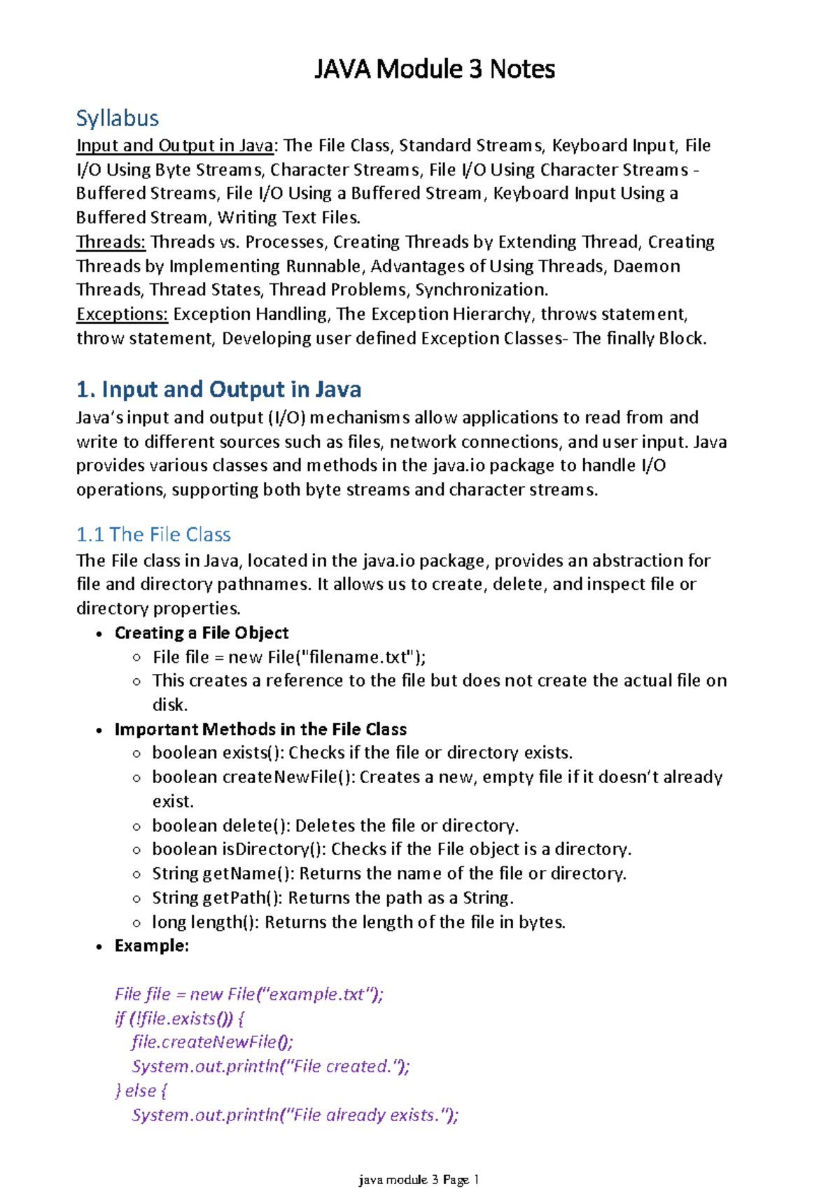 Java Module 3 - Input, Output, Threads, and Exception Handling - Studocu