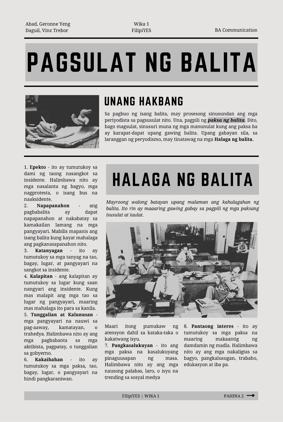 Filipiyes Project: Pagsulat ng Balita sa Wika 1 - Studocu