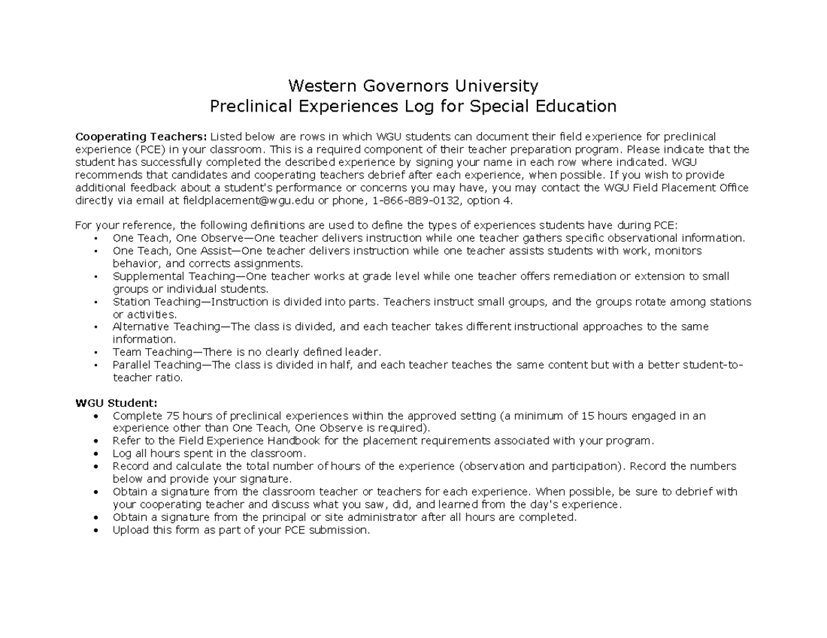 PCE 2147 - Special Education Preclinical Experiences Log - Studocu