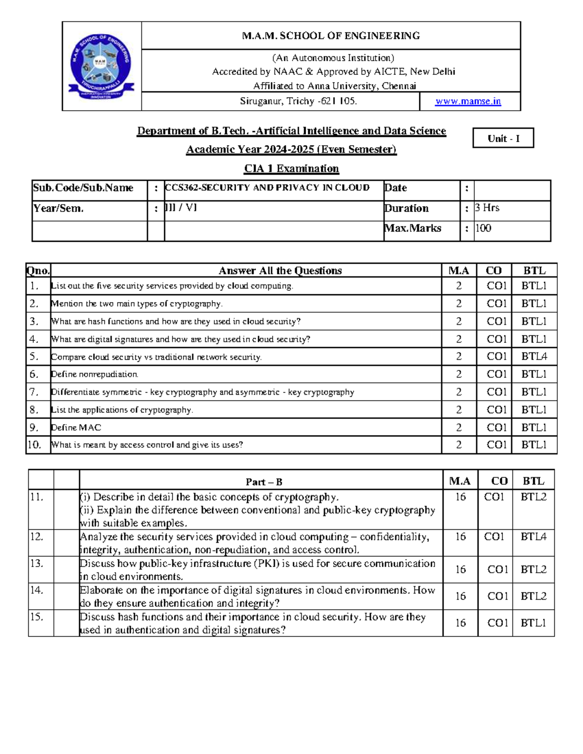 CCS362 - S&PC CIA 1 & CIA II Question Paper on Cloud Security Concepts ...