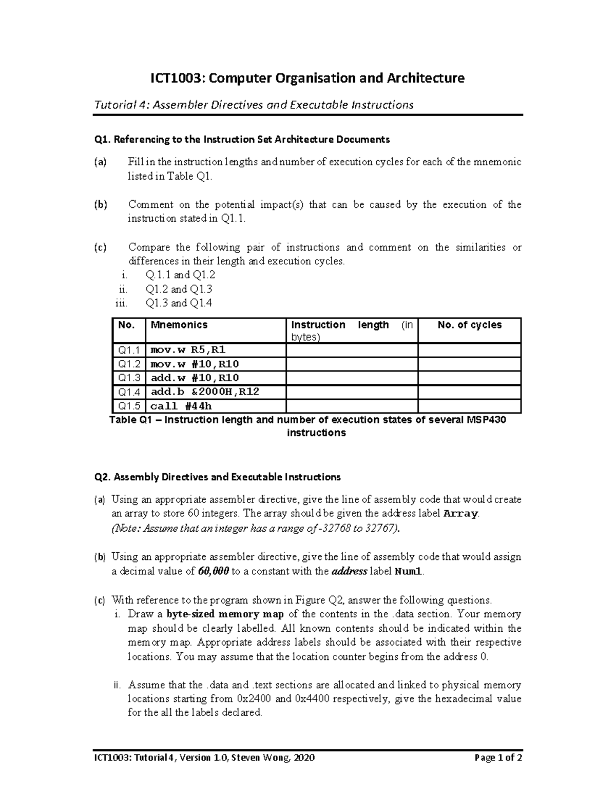 ICT1003 Tutorial 4: Assembler Directives & Execution Analysis - Studocu