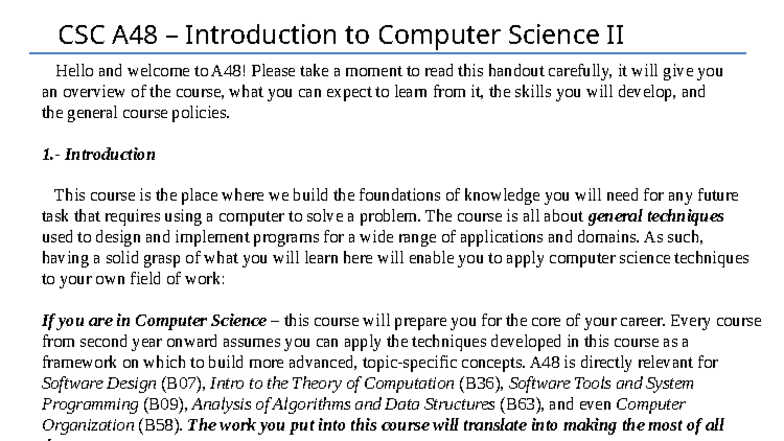 CSC A48 Course Overview and Learning Goals for 2024 - Studocu