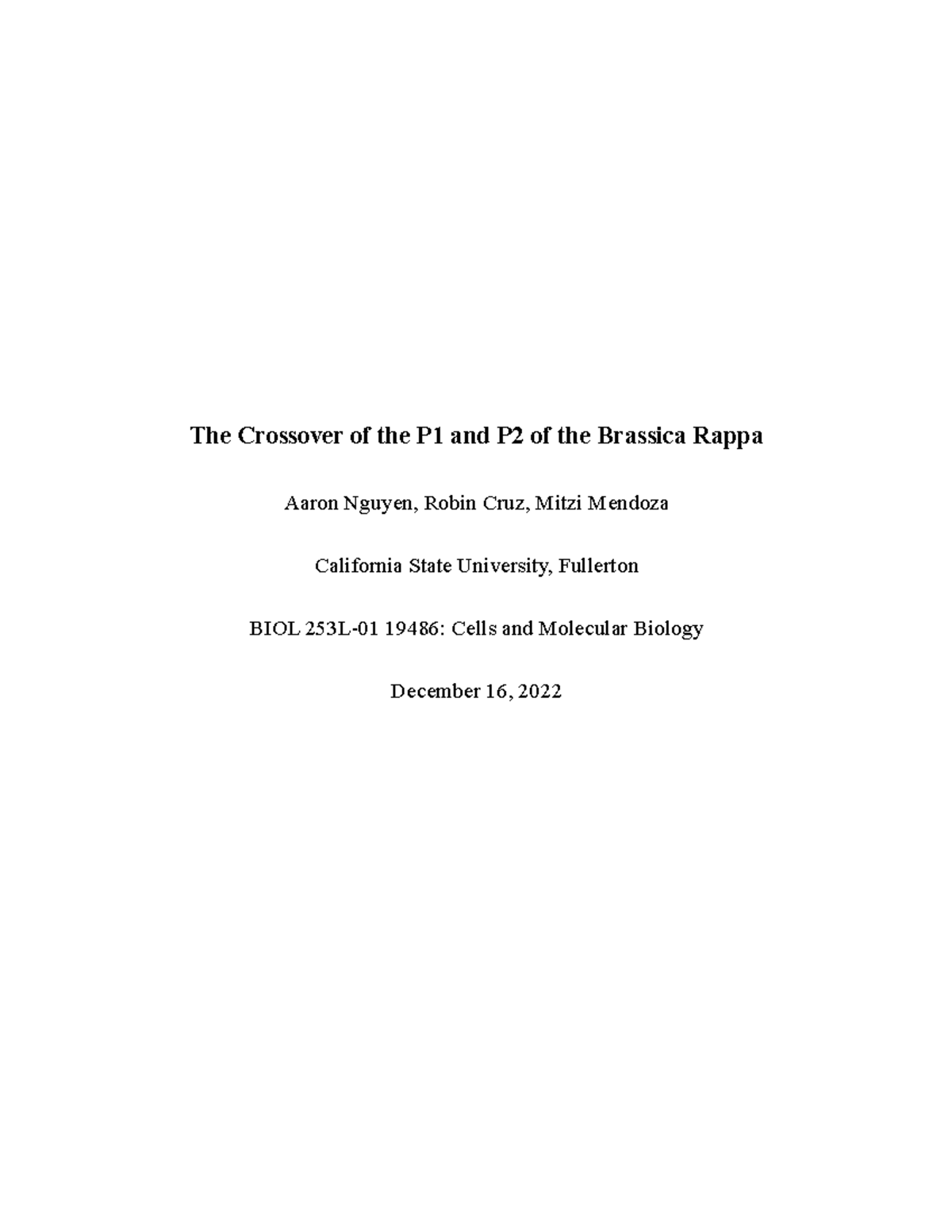 The Crossover Analysis of P1 and P2 in Brassica Rappa - BIOL 253L-01 ...