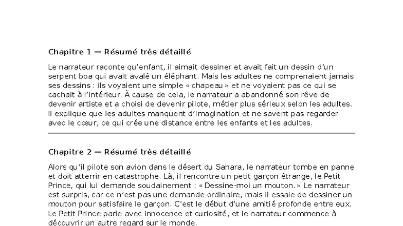 Résumé détaillé de "Le Petit Prince" - Chapitres 1 à 27 - Studocu