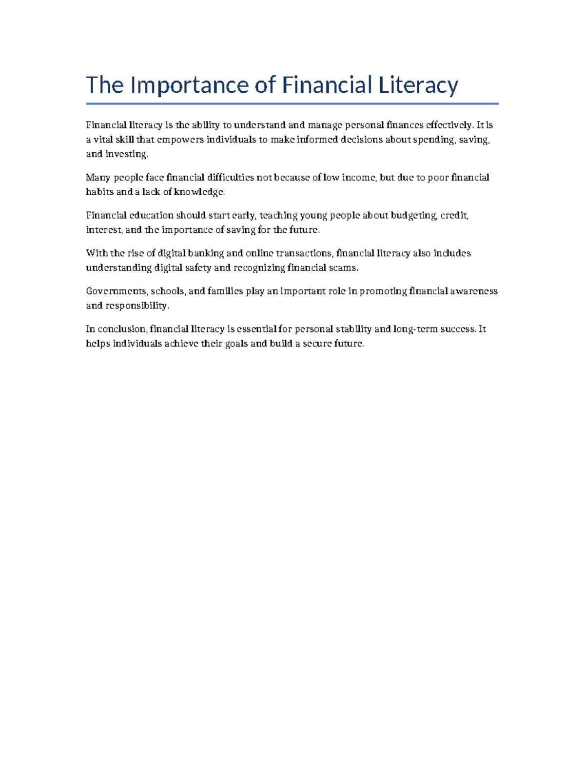 The Importance of Financial Literacy: A Guide to Personal Finance - Studocu